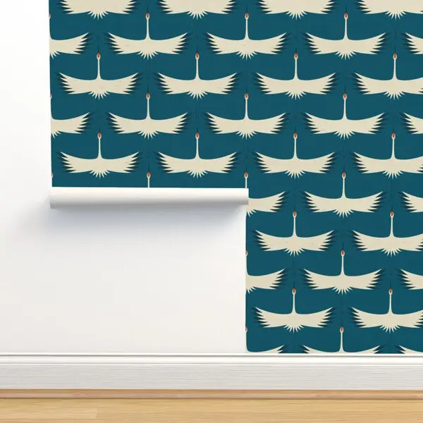 Spoonflower Whooping Crane Migration Night 100% Natural Sisal Grasscloth Wallcovering