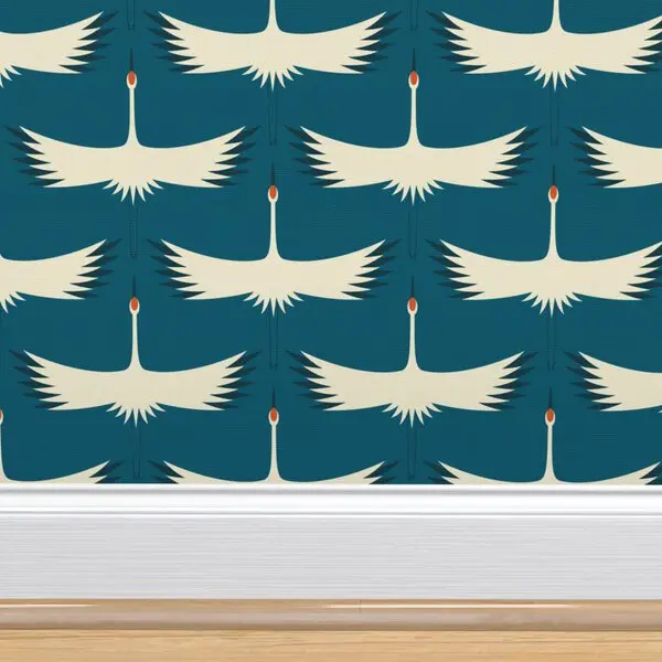Spoonflower Whooping Crane Migration Night 100% Natural Sisal Grasscloth Wallcovering
