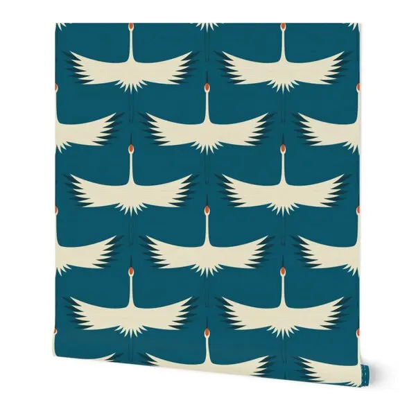 Spoonflower Whooping Crane Migration Night 100% Natural Sisal Grasscloth Wallcovering