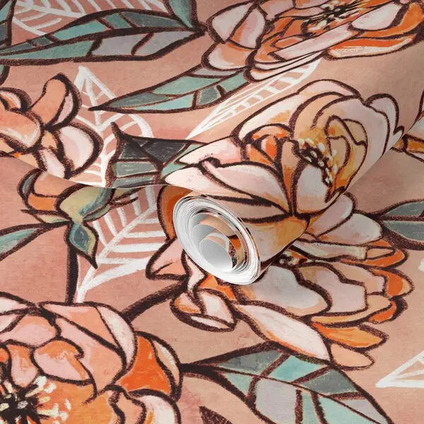 Spoonflower Chalk Pastel Peonies In Peach Pink Large Custom Pre-pasted Wallpaper - Pink,brown