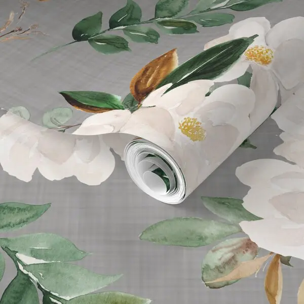 Spoonflower Magnolia Summer Floral Texture Spring Gold Custom Pre-pasted Wallpaper - Gray,green