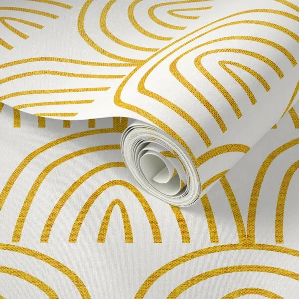 Spoonflower Modern Gold Geometric Line Beach Ocean Wave Custom Pre-pasted Wallpaper - Yellow,white,gray