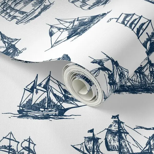 Spoonflower Navy Nursery Boats Sea Ships Custom Removable Wallpaper - White,blue,gray