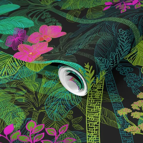 Spoonflower Black Jungle Garden Fern Tropical Hot Pink Hawaii Custom Pre-pasted Wallpaper - Green,red,brown