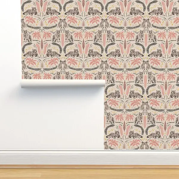 Spoonflower White Tigers Family 100% Natural Sisal Grasscloth Wallcovering - Pink,white
