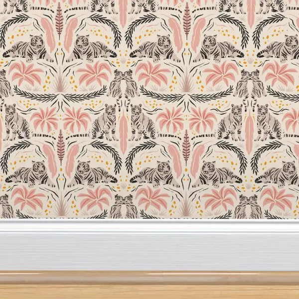 Spoonflower White Tigers Family 100% Natural Sisal Grasscloth Wallcovering - Pink,white