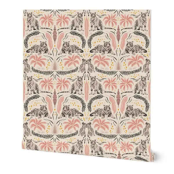Spoonflower White Tigers Family 100% Natural Sisal Grasscloth Wallcovering - Pink,white