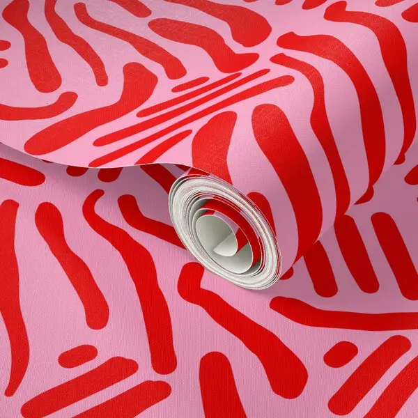 Spoonflower Abstract Shapes Lines Decor Red Blobs Custom Pre-pasted Wallpaper - Pink,red