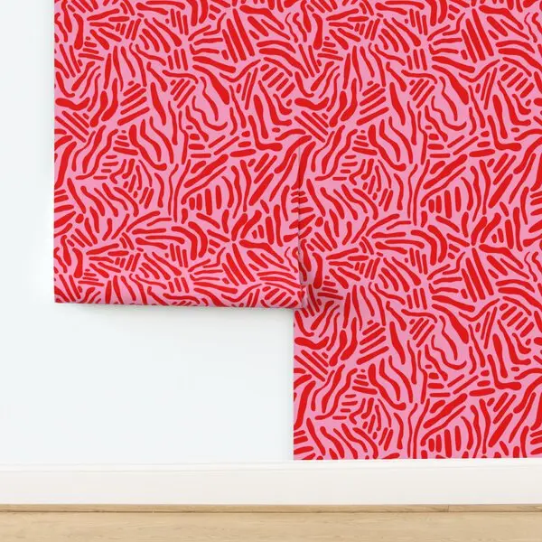 Spoonflower Abstract Shapes Lines Decor Red Blobs Custom Pre-pasted Wallpaper - Pink,red