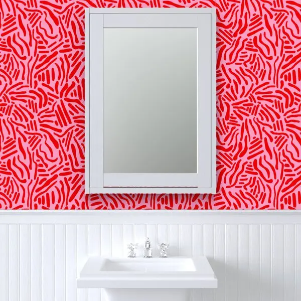 Spoonflower Abstract Shapes Lines Decor Red Blobs Custom Pre-pasted Wallpaper - Pink,red