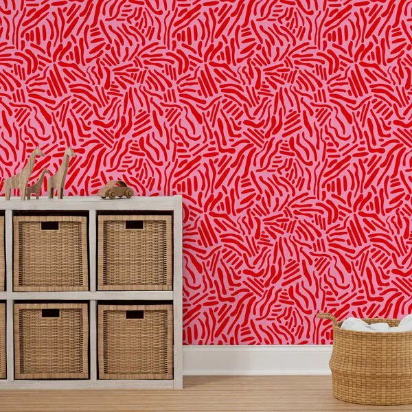 Spoonflower Abstract Shapes Lines Decor Red Blobs Custom Pre-pasted Wallpaper - Pink,red