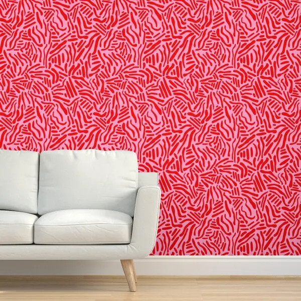 Spoonflower Abstract Shapes Lines Decor Red Blobs Custom Pre-pasted Wallpaper - Pink,red