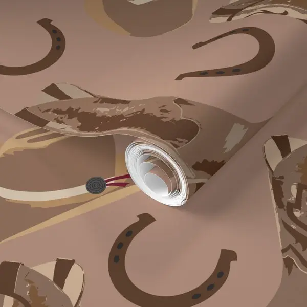 Spoonflower Brown Background Cowboy Boots Horseshoes Riding Custom Pre-pasted Wallpaper - Brown,beige