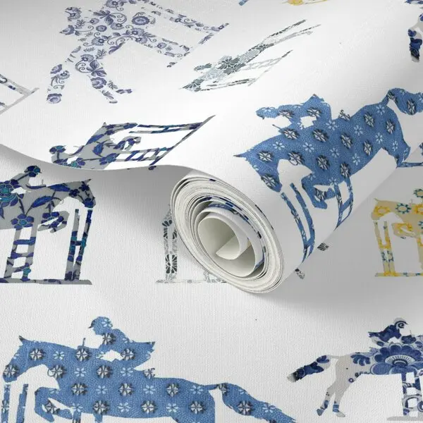 Spoonflower Delft Equestrian Hunter Horse Pony Blue White Custom Pre-pasted Wallpaper - Mint,blue,gray