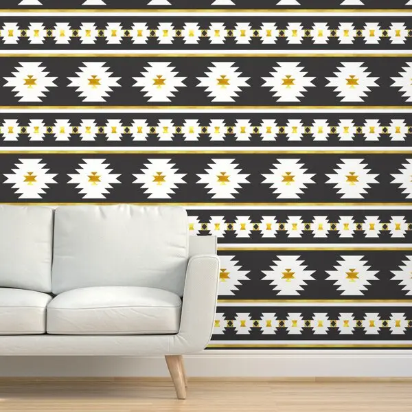 Spoonflower White Gold Charcoal Aztec Traditional Wallpaper