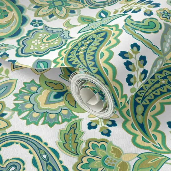 Spoonflower Gold Paisley Mint Green And Yellow Jacobean Custom Pre-pasted Wallpaper - Green,teal,blue