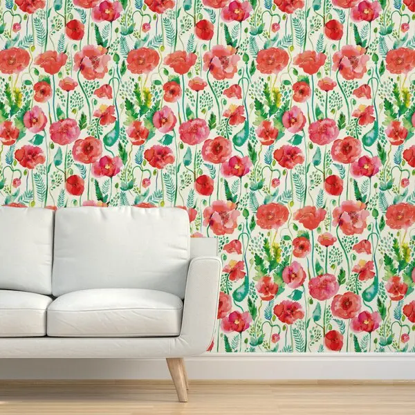 Spoonflower Wild Poppies 100% Natural Sisal Grasscloth Wallcovering