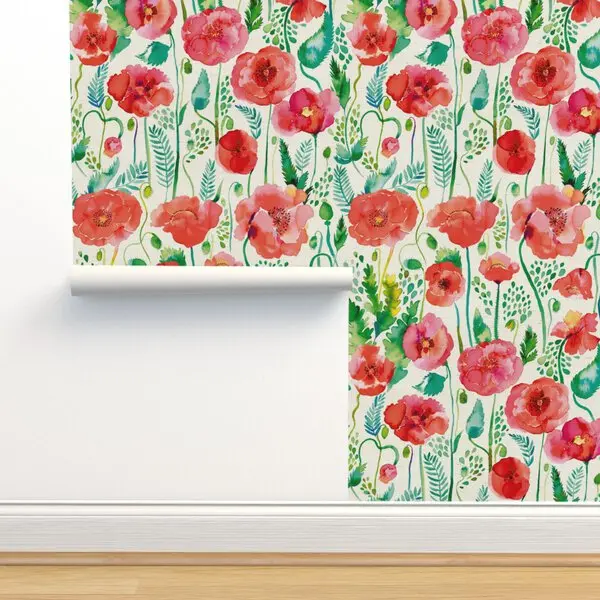 Spoonflower Wild Poppies 100% Natural Sisal Grasscloth Wallcovering
