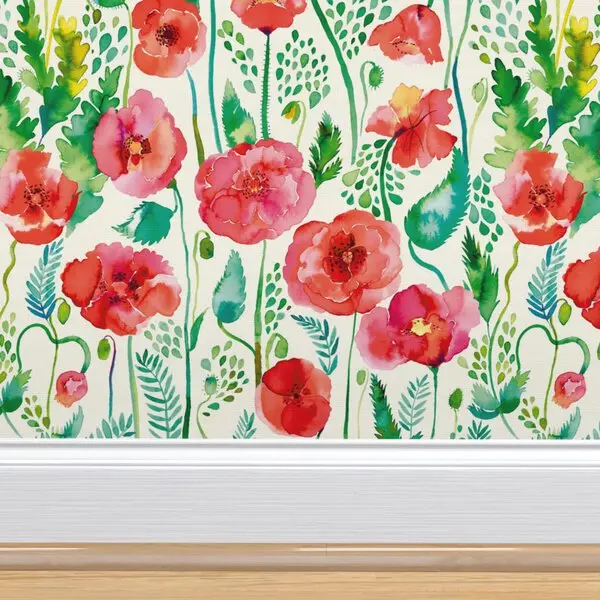 Spoonflower Wild Poppies 100% Natural Sisal Grasscloth Wallcovering