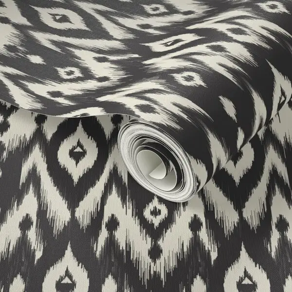 Spoonflower Black Cream Boho Ikat Pattern White Traditional Wallpaper - Black,white,gray