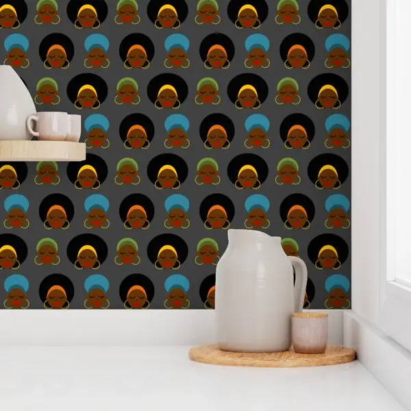 Spoonflower Head Gray Medium Black Graphic African Traditional Wallpaper