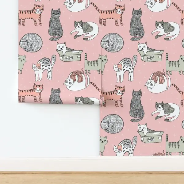 Spoonflower Cat Kitten Kitty Pets Cats Pet Custom Pre-pasted Wallpaper