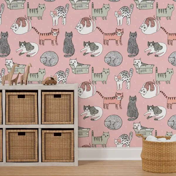 Spoonflower Cat Kitten Kitty Pets Cats Pet Custom Pre-pasted Wallpaper