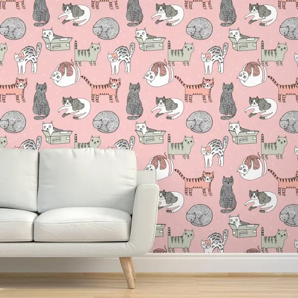 Spoonflower Cat Kitten Kitty Pets Cats Pet Custom Pre-pasted Wallpaper