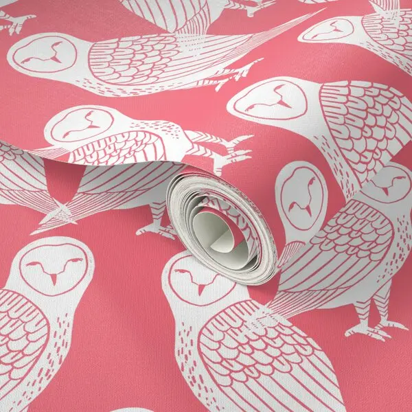 Spoonflower Bird Pink Owl Owls Coral Block Traditional Wallpaper - Red,pink,white