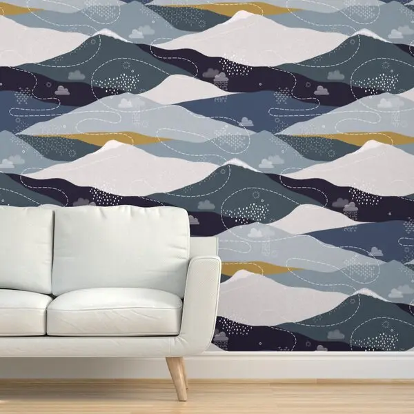 Spoonflower Blue Mountains Winter Snow Whimsical Autumn Fall Custom Pre-pasted Wallpaper