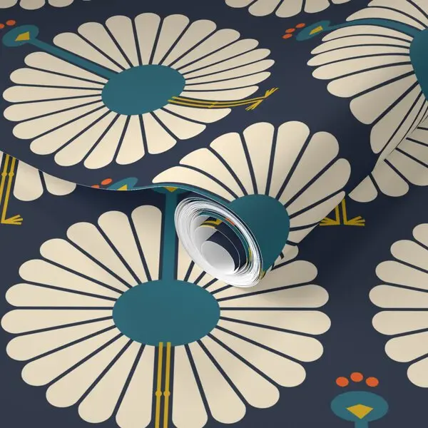 Spoonflower Bird Flower Floral Modern Animal Peacock Mod Custom Removable Wallpaper - Blue,beige,brown