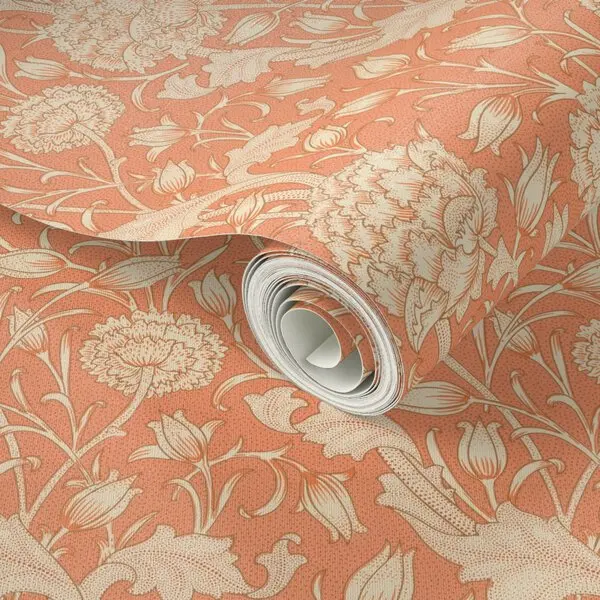 Spoonflower Terracotta Coral Arts And Crafts Antique Floral Traditional Wallpaper - Orange,beige,brown