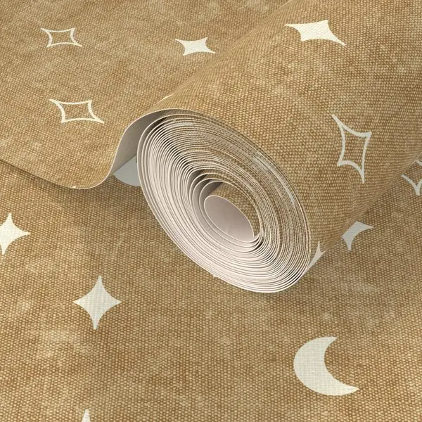 Spoonflower Moon And Stars Golden 100% Natural Sisal Grasscloth Wallcovering - Gold,yellow,blue