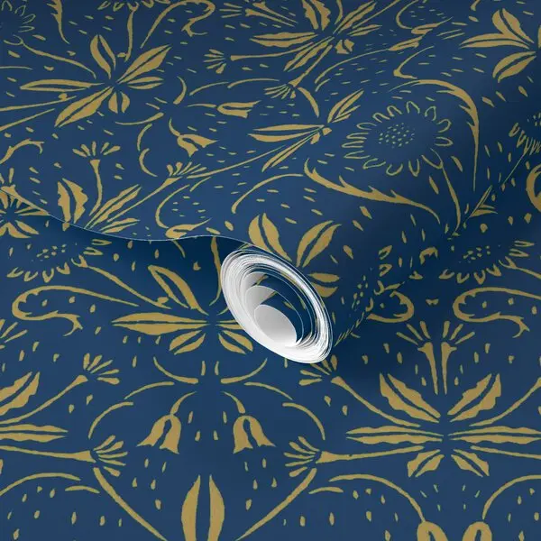 Spoonflower Flower Blue Floral Gold Antique Navy Sunflower Traditional Wallpaper - Blue,green
