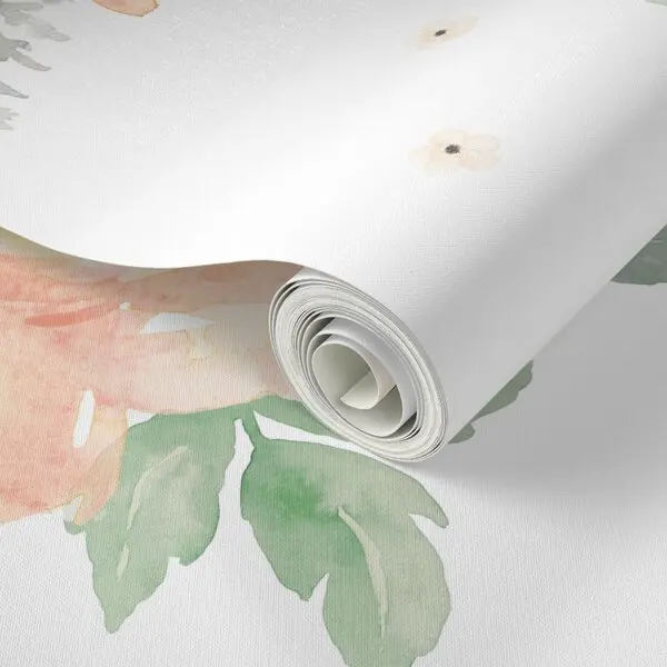 Spoonflower Faded Peach Roses Floral Watercolor Flowers Blush Custom Removable Wallpaper - Gray,green