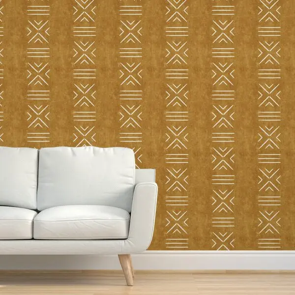 Spoonflower Mud Cloth Tile Stack Mustard Mudcloth Tribal Lad19 100% Natural Sisal Grasscloth Wallcovering - Yellow