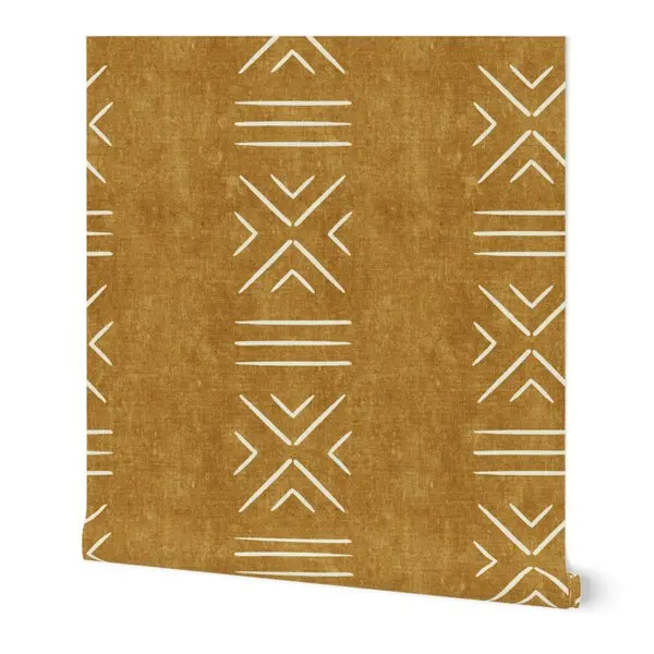 Spoonflower Mud Cloth Tile Stack Mustard Mudcloth Tribal Lad19 100% Natural Sisal Grasscloth Wallcovering - Yellow
