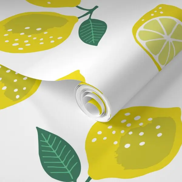 Spoonflower Yellow Fruit Citrus Fresh Summer Kitchen Custom Pre-pasted Wallpaper - Gray,green,yellow