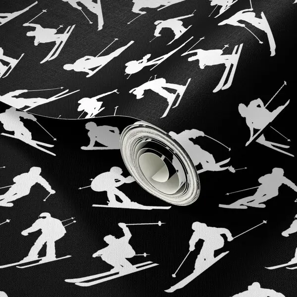 Spoonflower Black And White Snow Silhouette Sports Racing Custom Pre-pasted Wallpaper - Black,white,gray