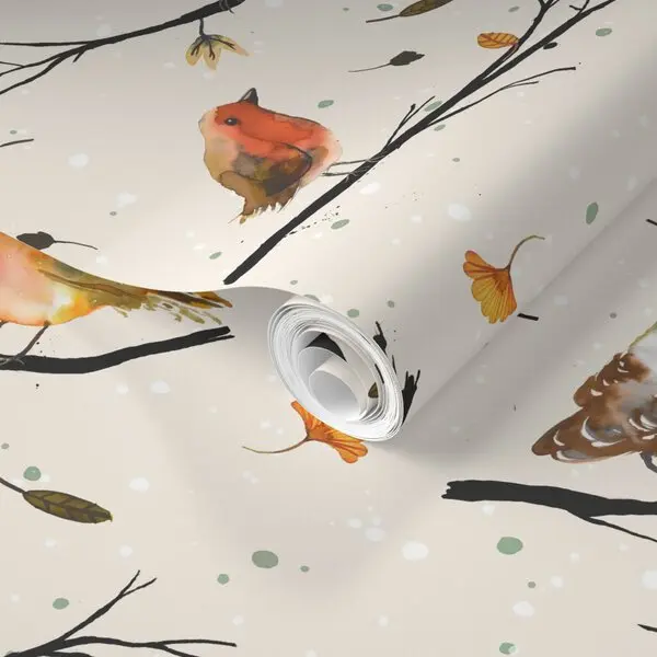 Spoonflower Bird Branches Autumn Beige Cute Birds Woodland Custom Pre-pasted Wallpaper - Beige,orange,gray