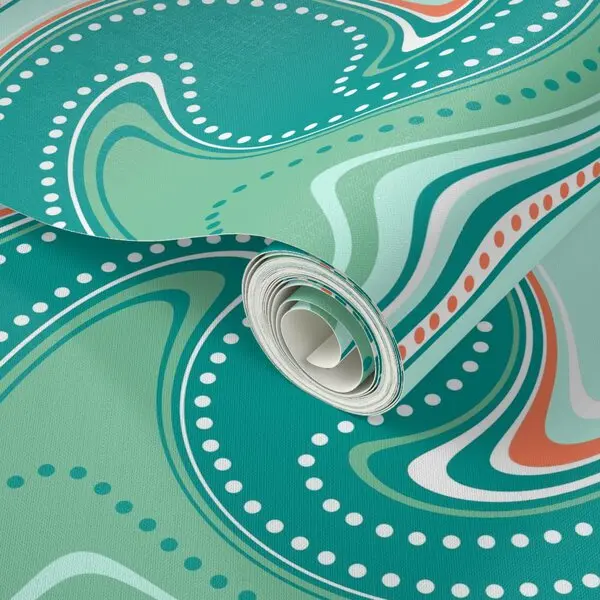 Spoonflower Summer Beach Waves Hawaii Ocean Tiki Surfing Custom Pre-pasted Wallpaper - Mint,green,teal