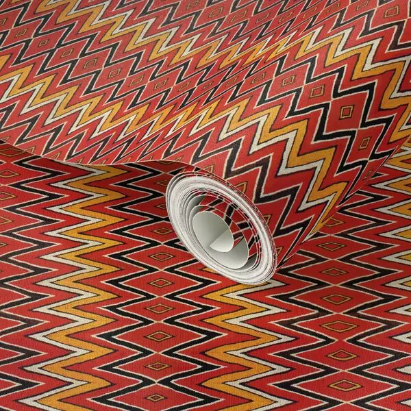 Spoonflower Southwest Red Black White Tribal Folk Art Yellow Custom Pre-pasted Wallpaper - Red,gold,black