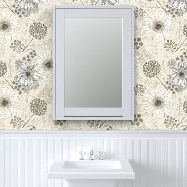 Spoonflower Handdrawn Flowers Earth Tones Floral Grey Ink Custom Pre-pasted Wallpaper - Beige,black,gray