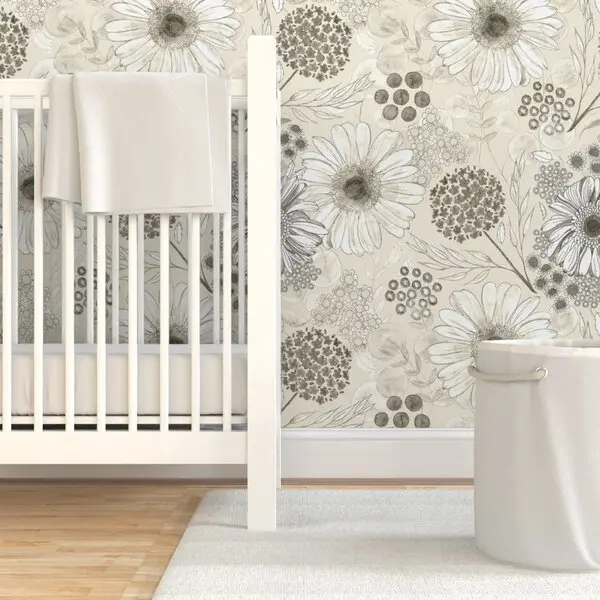 Spoonflower Handdrawn Flowers Earth Tones Floral Grey Ink Custom Pre-pasted Wallpaper - Beige,black,gray