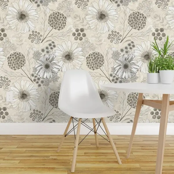 Spoonflower Handdrawn Flowers Earth Tones Floral Grey Ink Custom Pre-pasted Wallpaper - Beige,black,gray