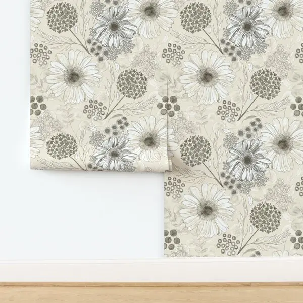 Spoonflower Handdrawn Flowers Earth Tones Floral Grey Ink Custom Pre-pasted Wallpaper - Beige,black,gray