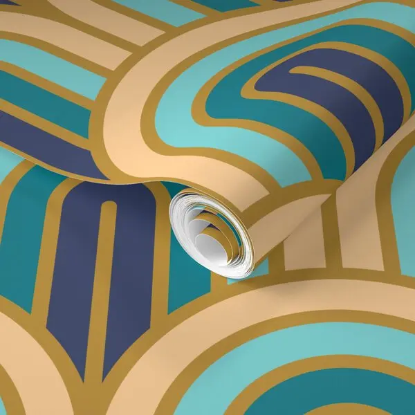 Spoonflower Cream Blue Retro Gold Art Deco Geometry Custom Removable Wallpaper - Brown,blue,green