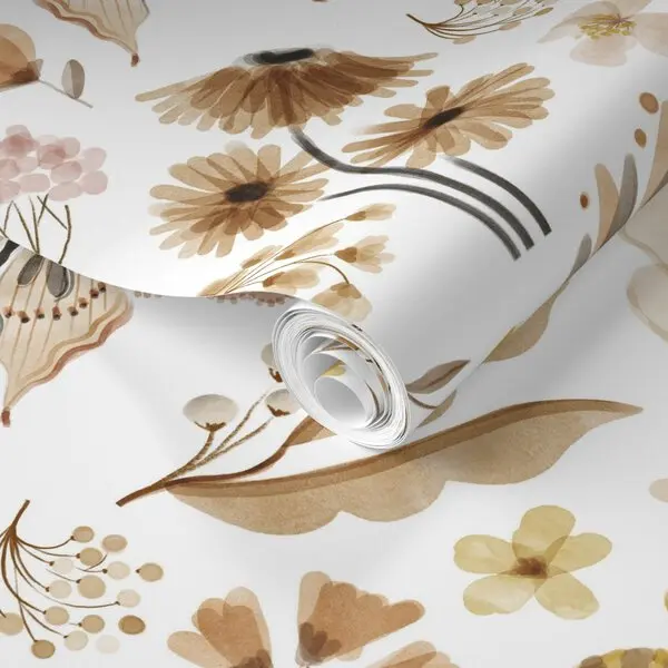 Spoonflower Gardens Flowers Butterflies Floral Nature Spring Custom Pre-pasted Wallpaper - Brown,white,gray