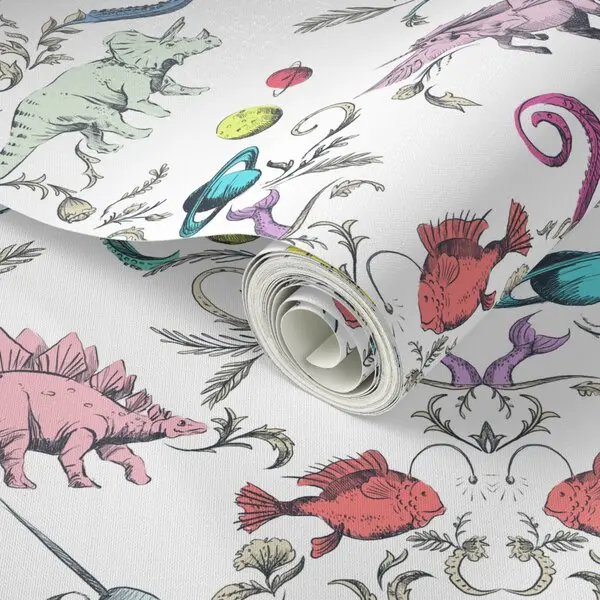Spoonflower Adventure Myth Animals Mystery Unicorn Dinosaurs Custom Removable Wallpaper - White,blue,gray