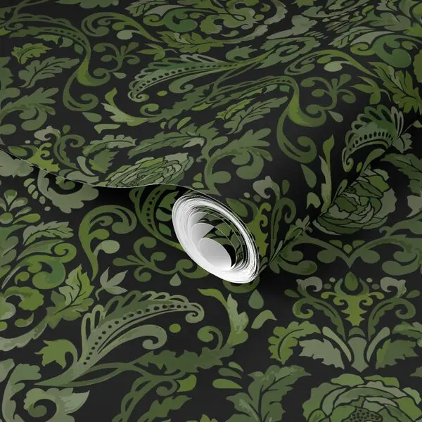 Spoonflower Black Vintage Green Flowers Butterflies Victorian Custom Removable Wallpaper - Black,green,gray